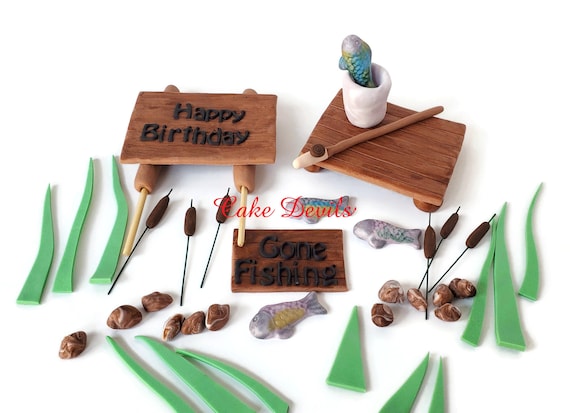 Fondant Fishing Themed Cake Toppers, Wood Dock, Birthday Sign, Fondant ...