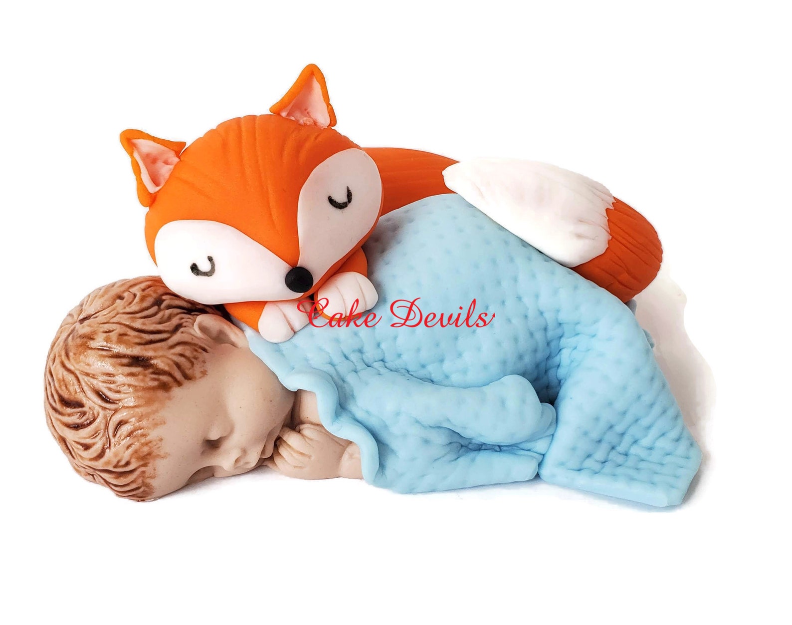 Fondant Sleeping Fox Snuggled Around a Sleeping Baby, Baby Shower Cake ...