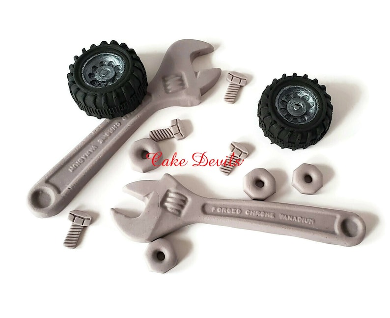 Fondant Mechanic Tools Cake Toppers, Fondant Wrenches, Tires, Bolts ...