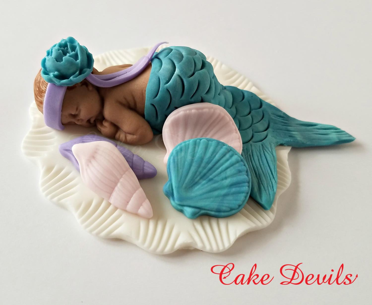 Fondant Mermaid Baby Shower Cake Topper Baby Girl Sleeping - Etsy