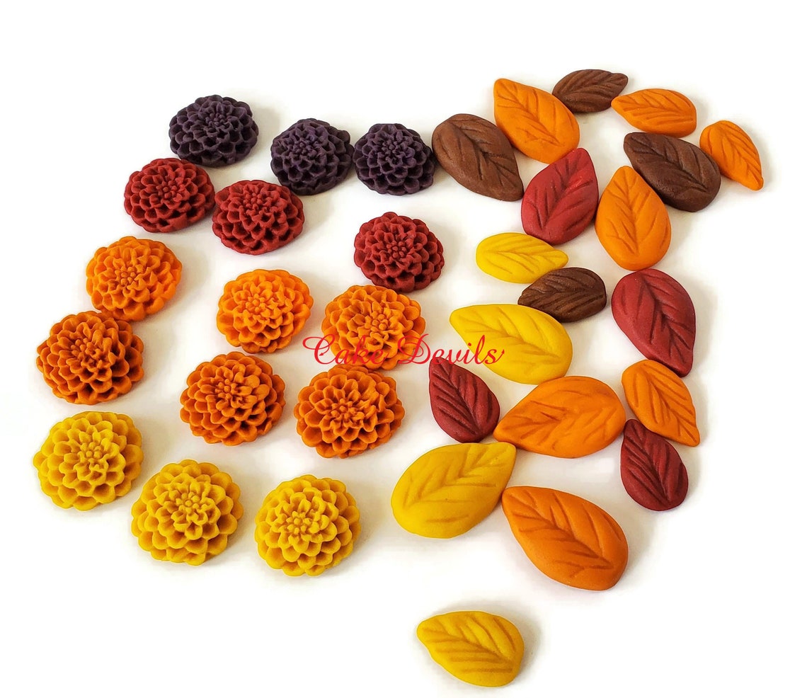 Fall Fondant Mum Flowers and Autumn Fondant Leaves Cake Decorations ...