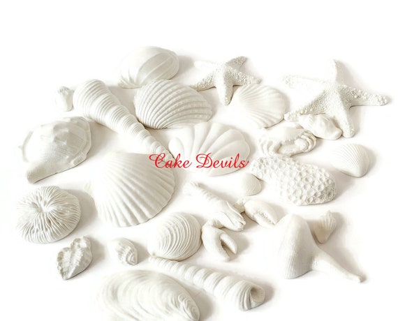 Large White Fondant Shells, Sea Shell Cake Toppers, starfish, coral ...