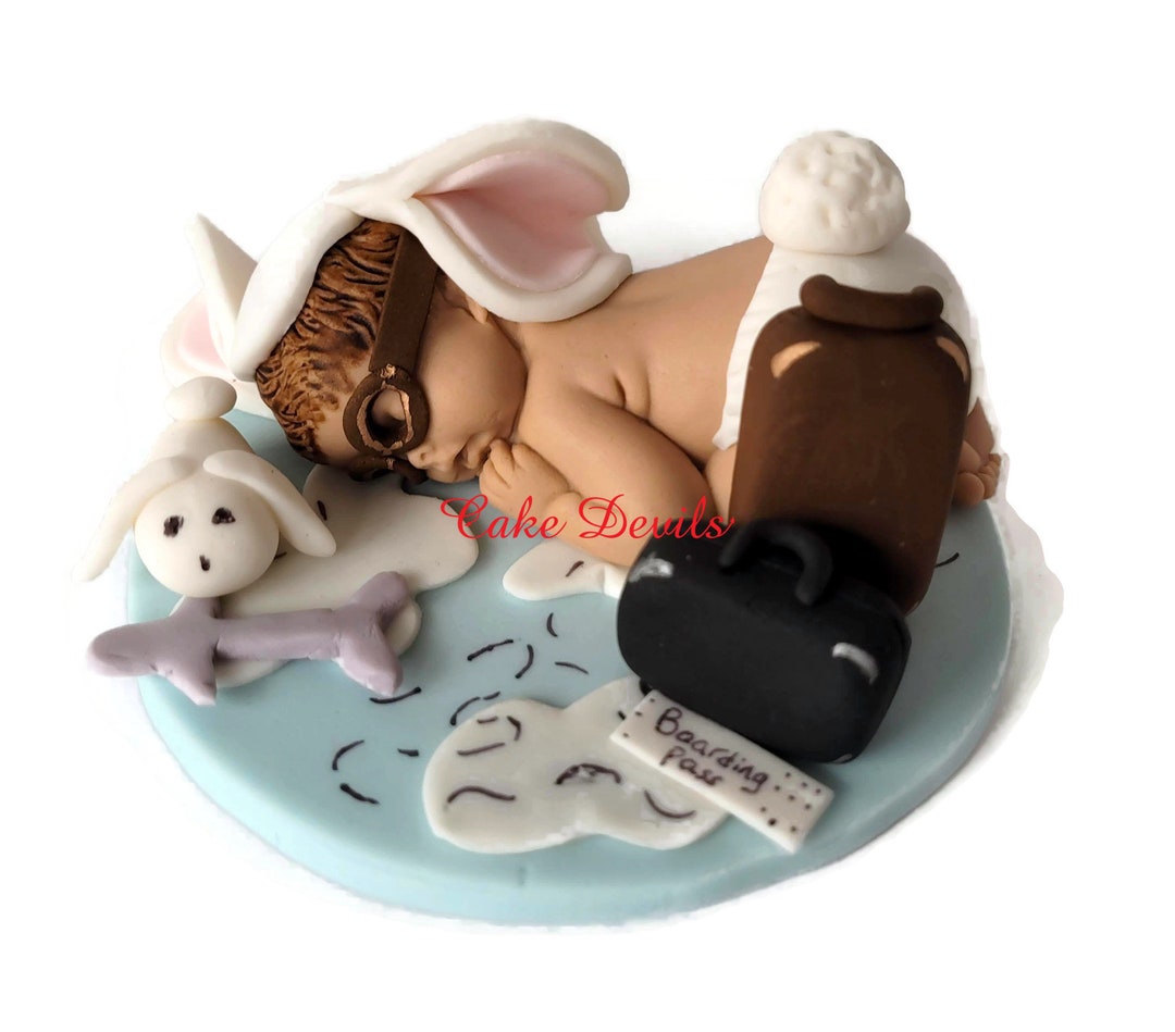 Travel Themed Baby Shower Cake Topper, Baby Bunny Rabbit, Sleeping Baby ...