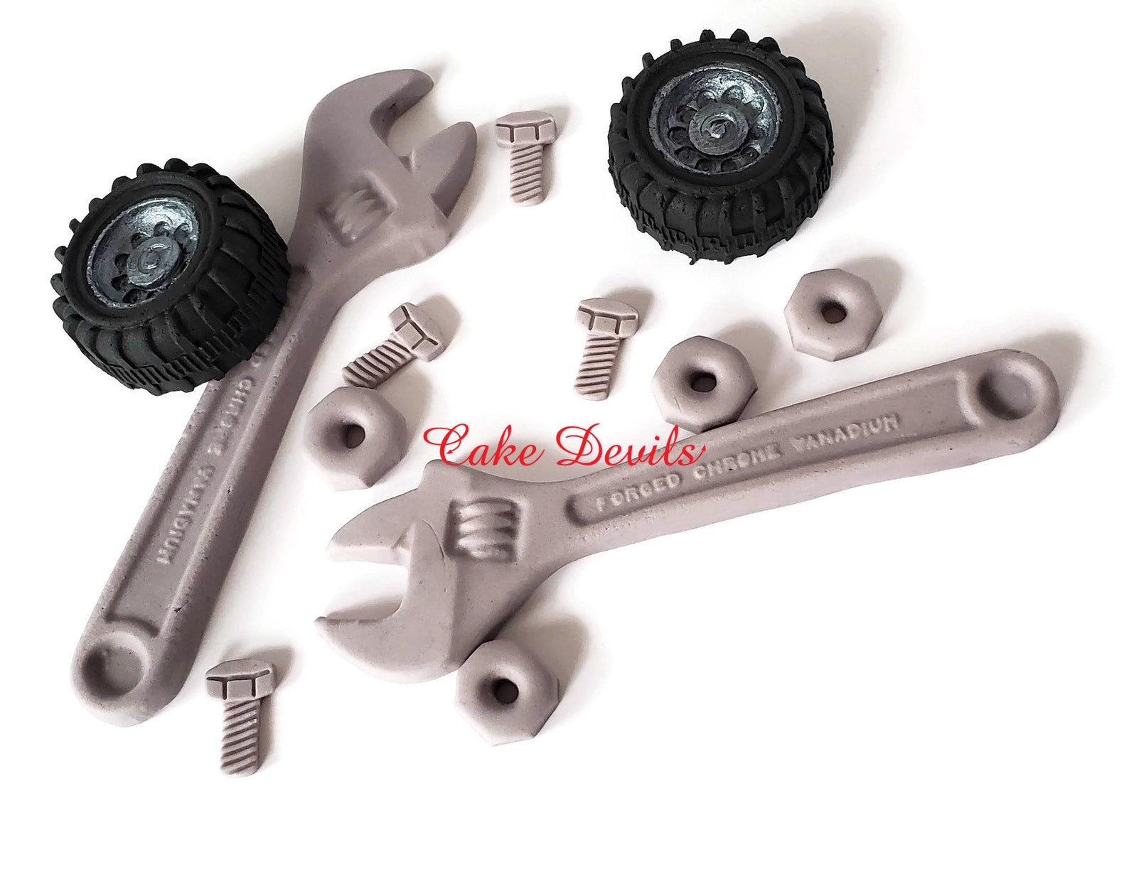 Fondant Mechanic Tools Cake Toppers, Fondant Wrenches, Tires, Bolts ...