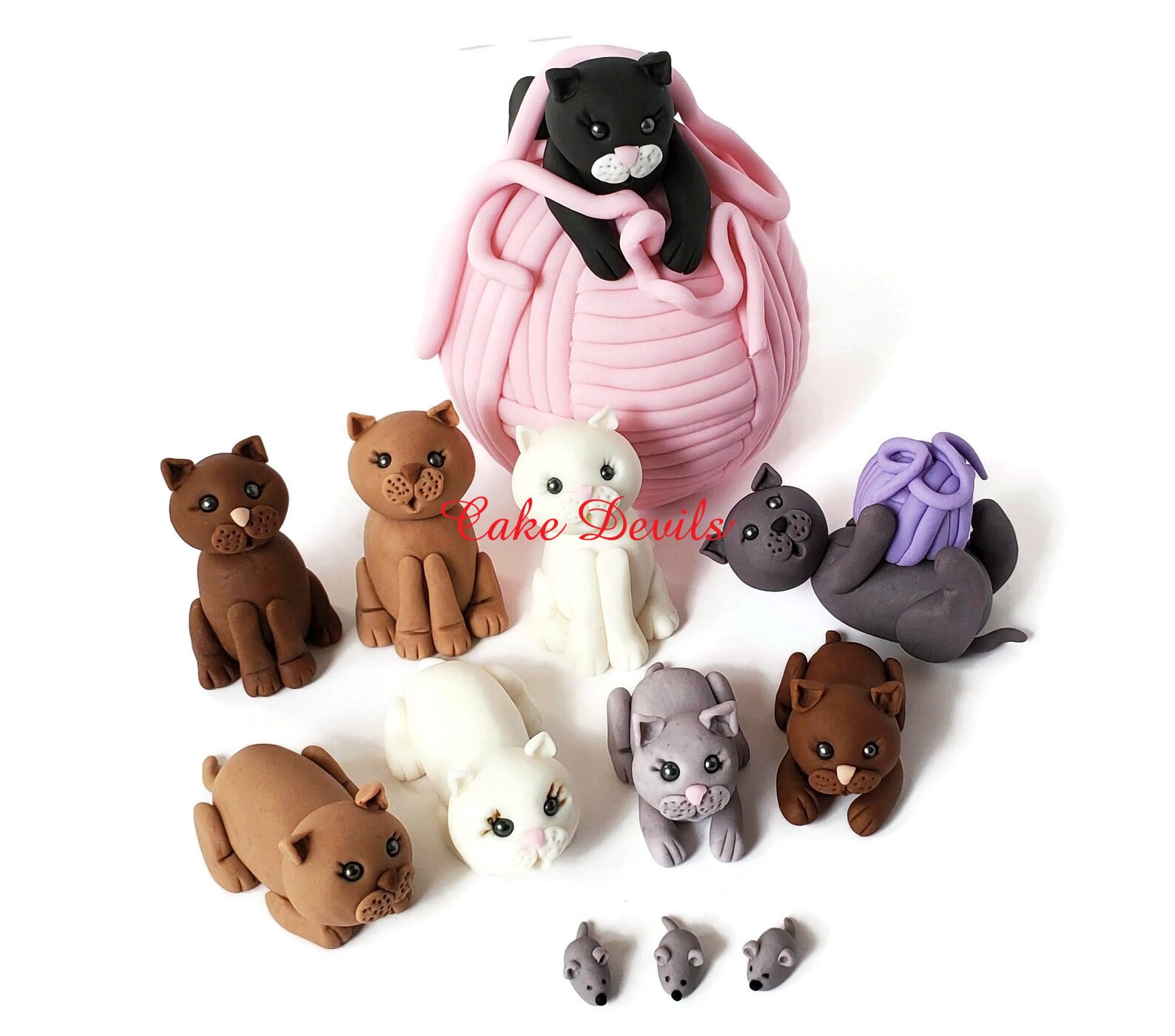 Fondant Cat Cake Toppers Cats Yarn Mice Handmade Cats With - Etsy