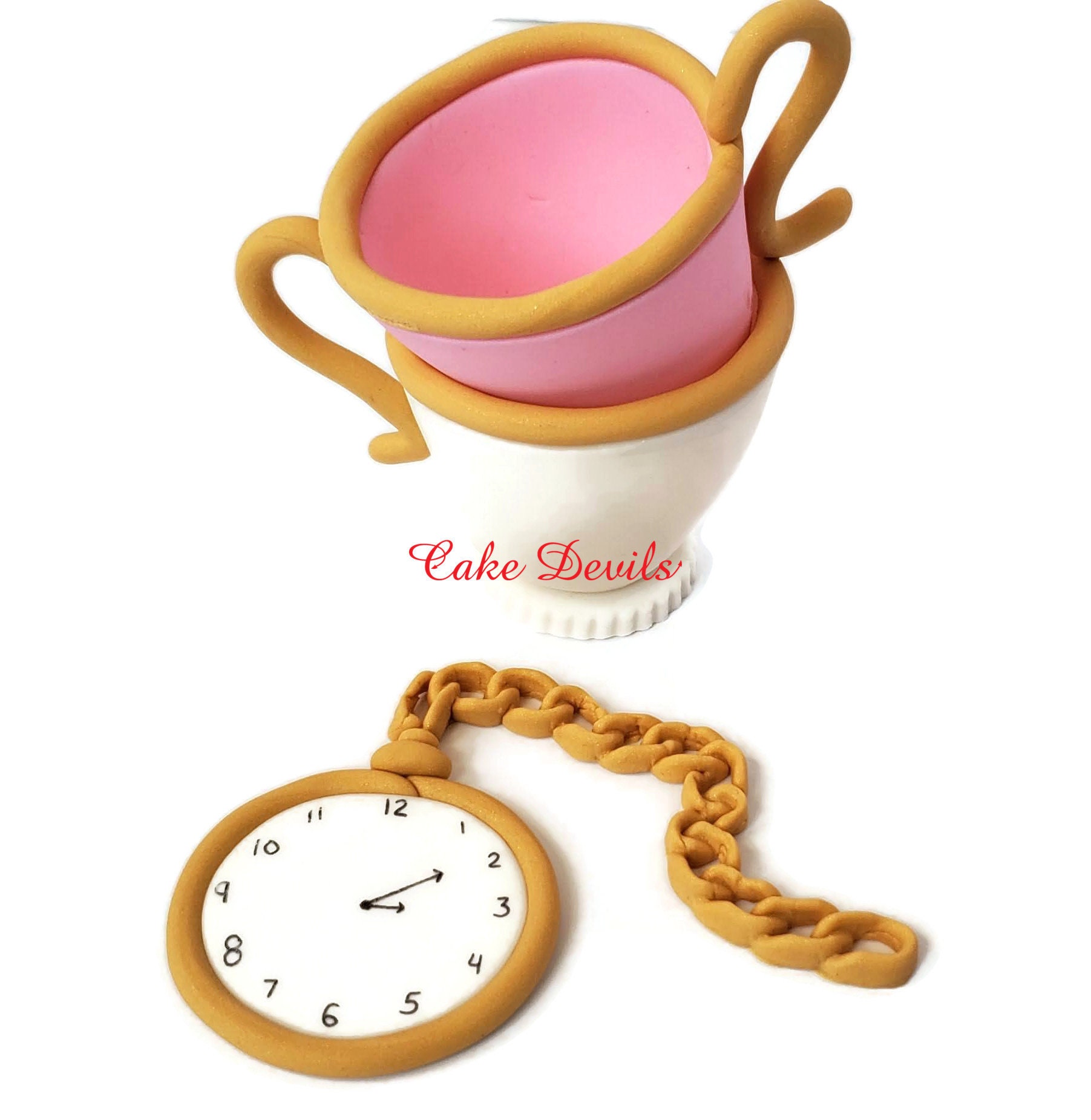 Fondant Stacked Tea Cups and Pocket Watch Cake Toppers, Perfect for an ...