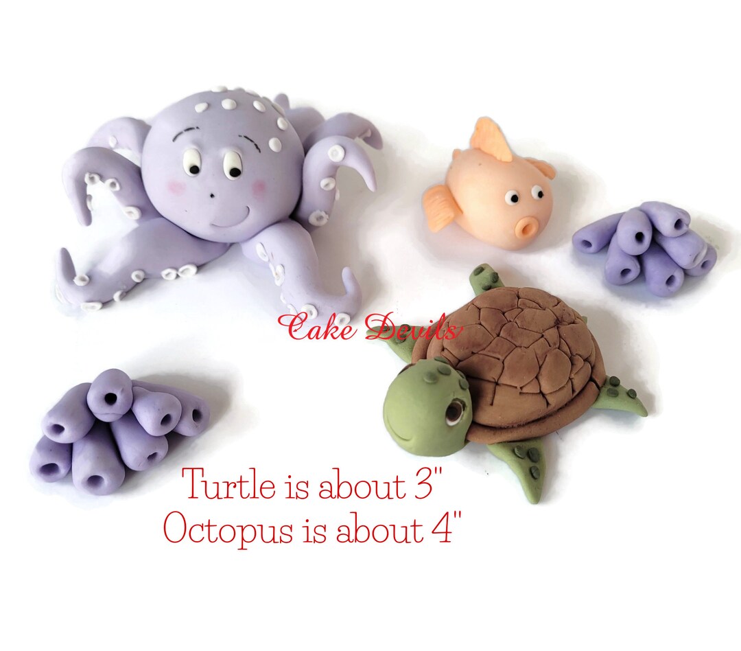 Fondant Sea Creatures Cake Topper Set With Sea Turtle, Octopus, Fish ...