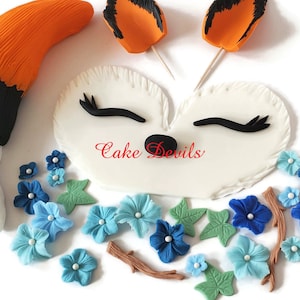 Fondant Fox Cake Topper Set, Fox Cake With Flowers, Handmade Edible Fox ...