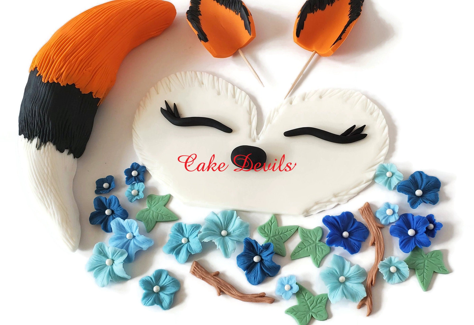 Fondant Fox Cake Topper Set Fox Cake With Flowers Handmade - Etsy