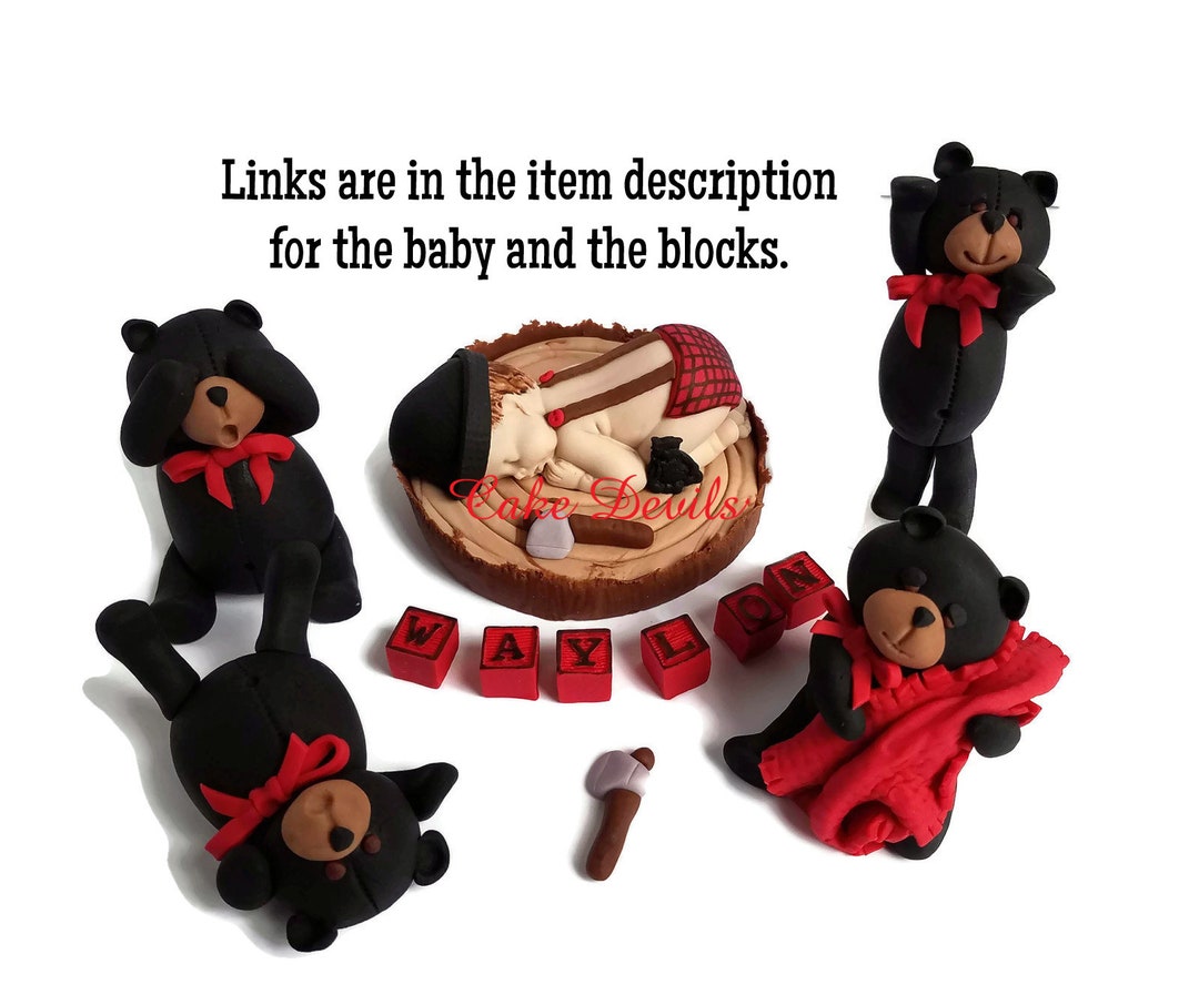 Black Bear Baby Shower Fondant Cake Toppers, Buffalo Plaid Grizzly Bear ...