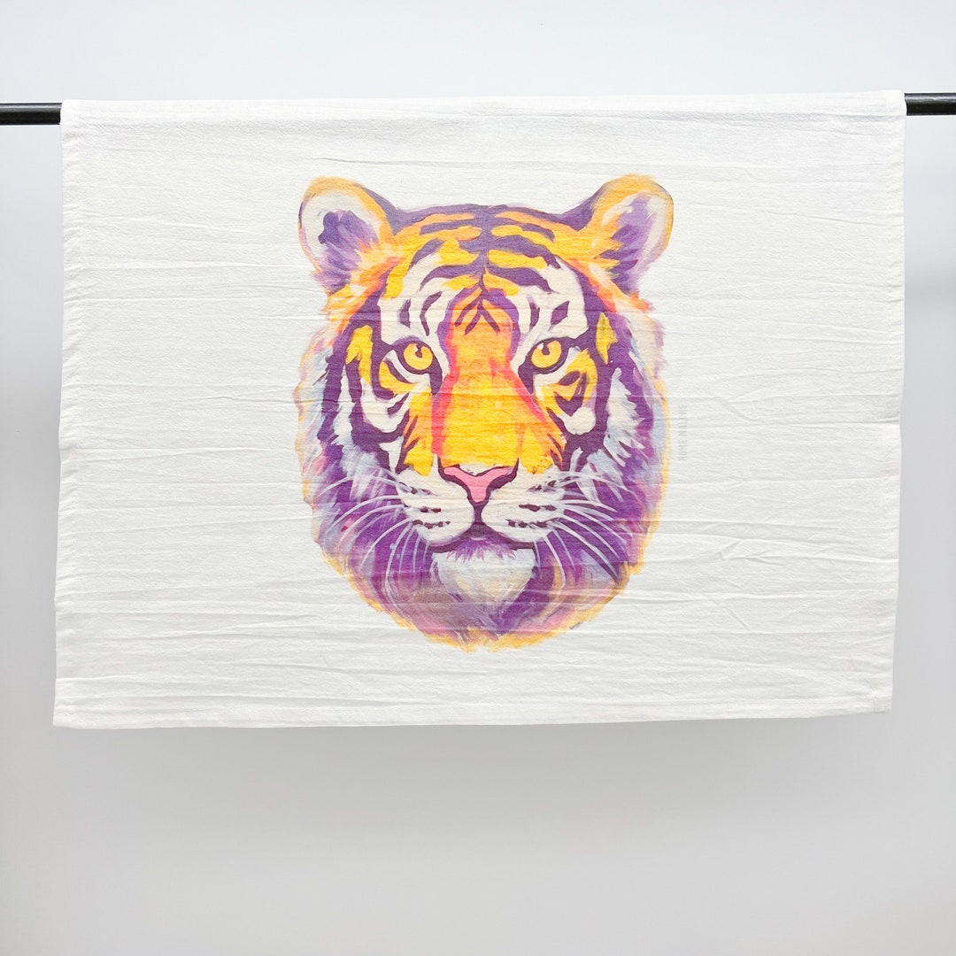 Purple and Gold Tiger Head Towel: New Orleans Art, Kitchen Towel, Go ...