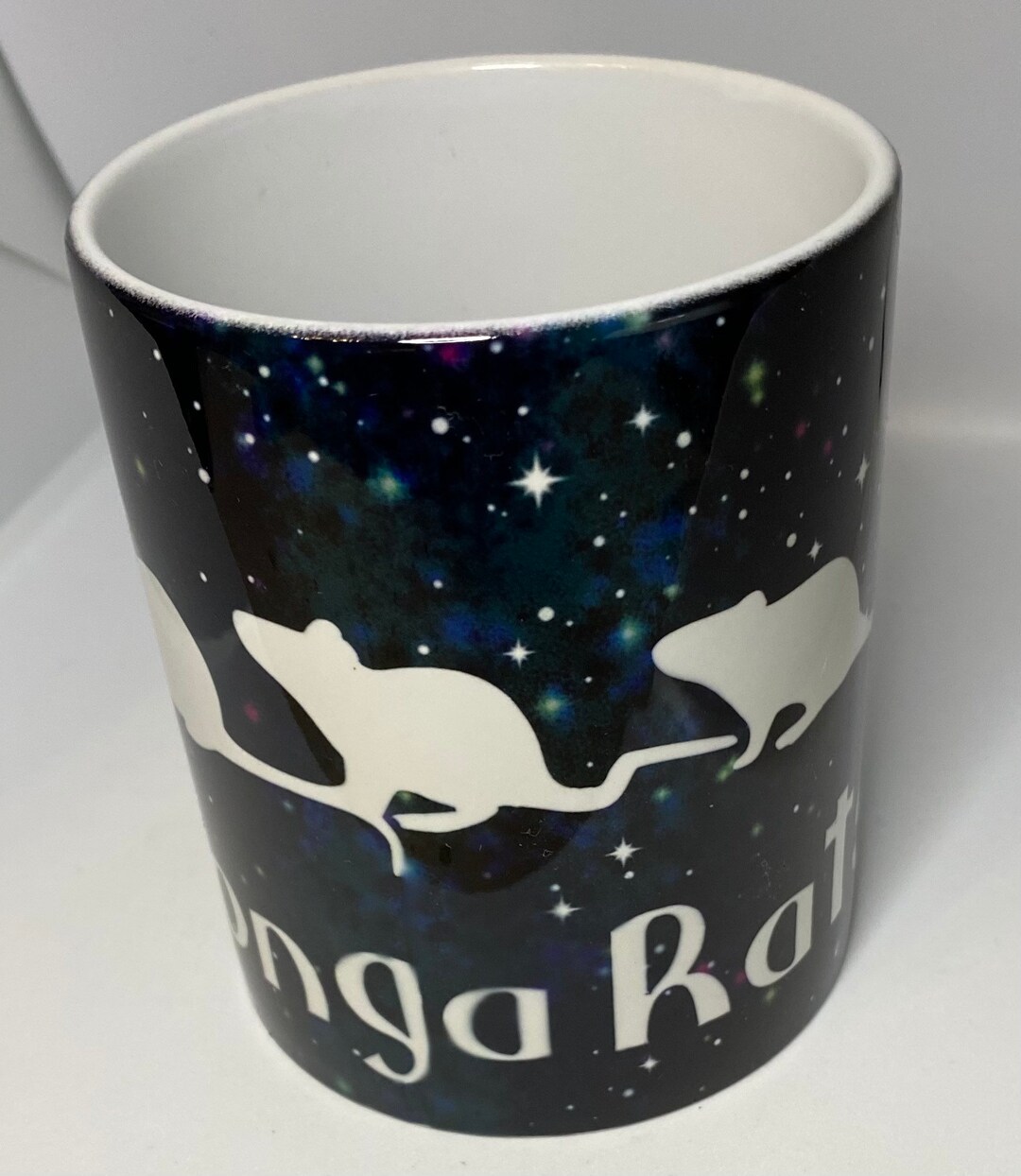 Conga-rats Mug. White Rats Dancing Around the Mug on Against a Galaxy ...