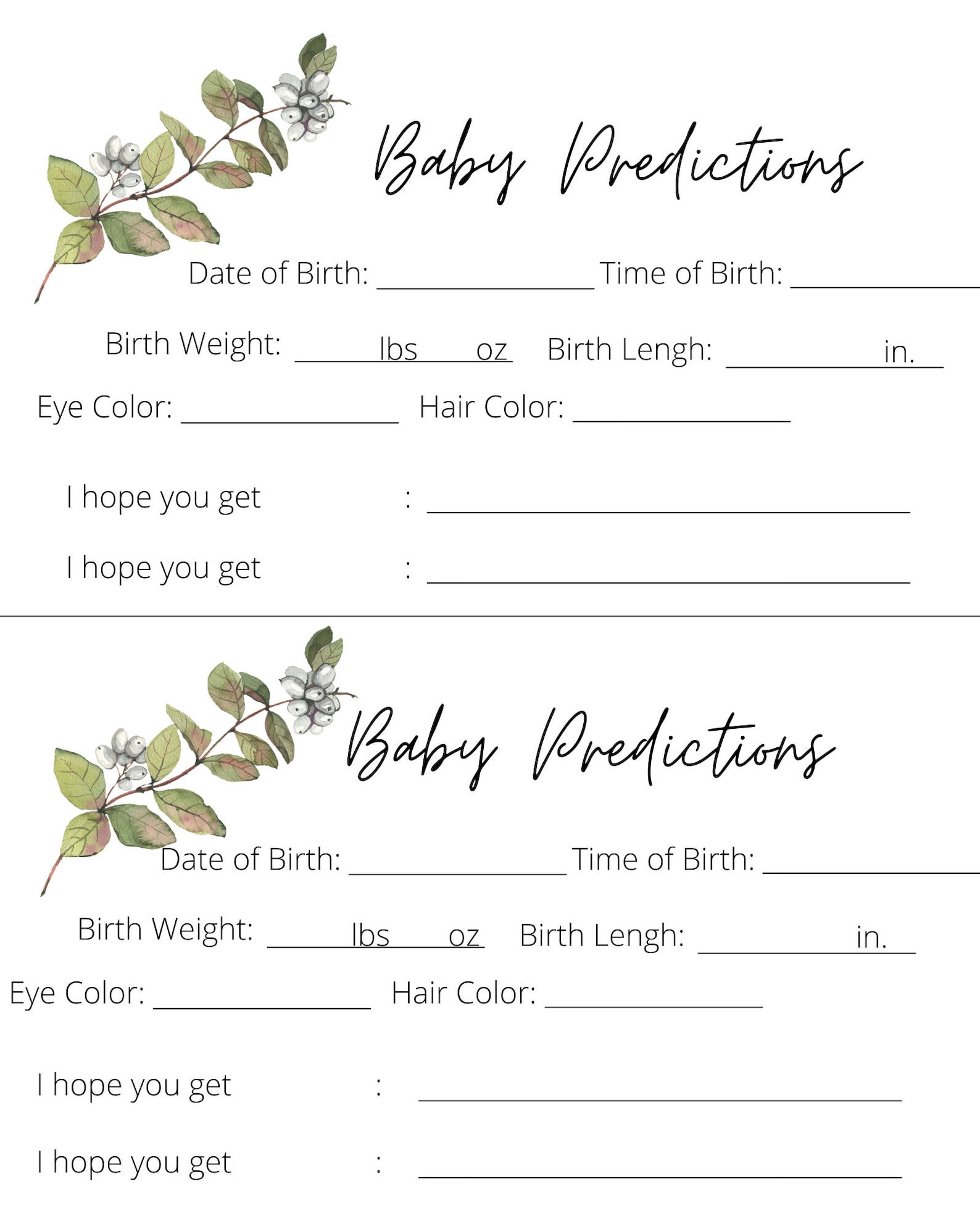 Baby Shower Game Baby Prediction Game Printable Game - Etsy