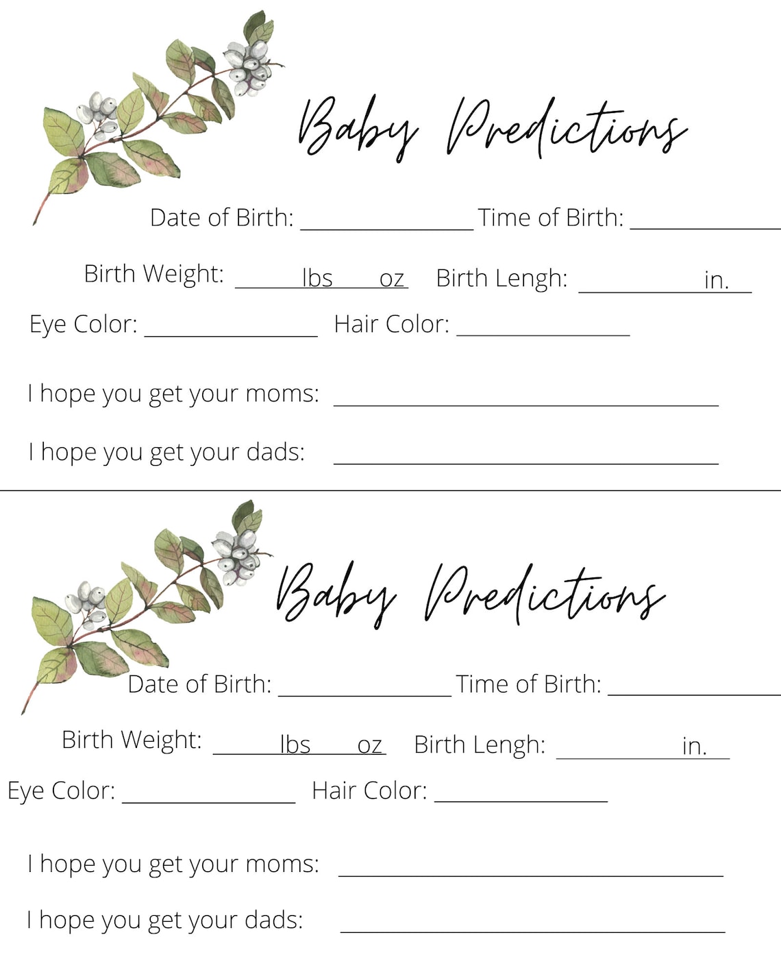 Baby Shower Game Baby Prediction Game Printable Game - Etsy