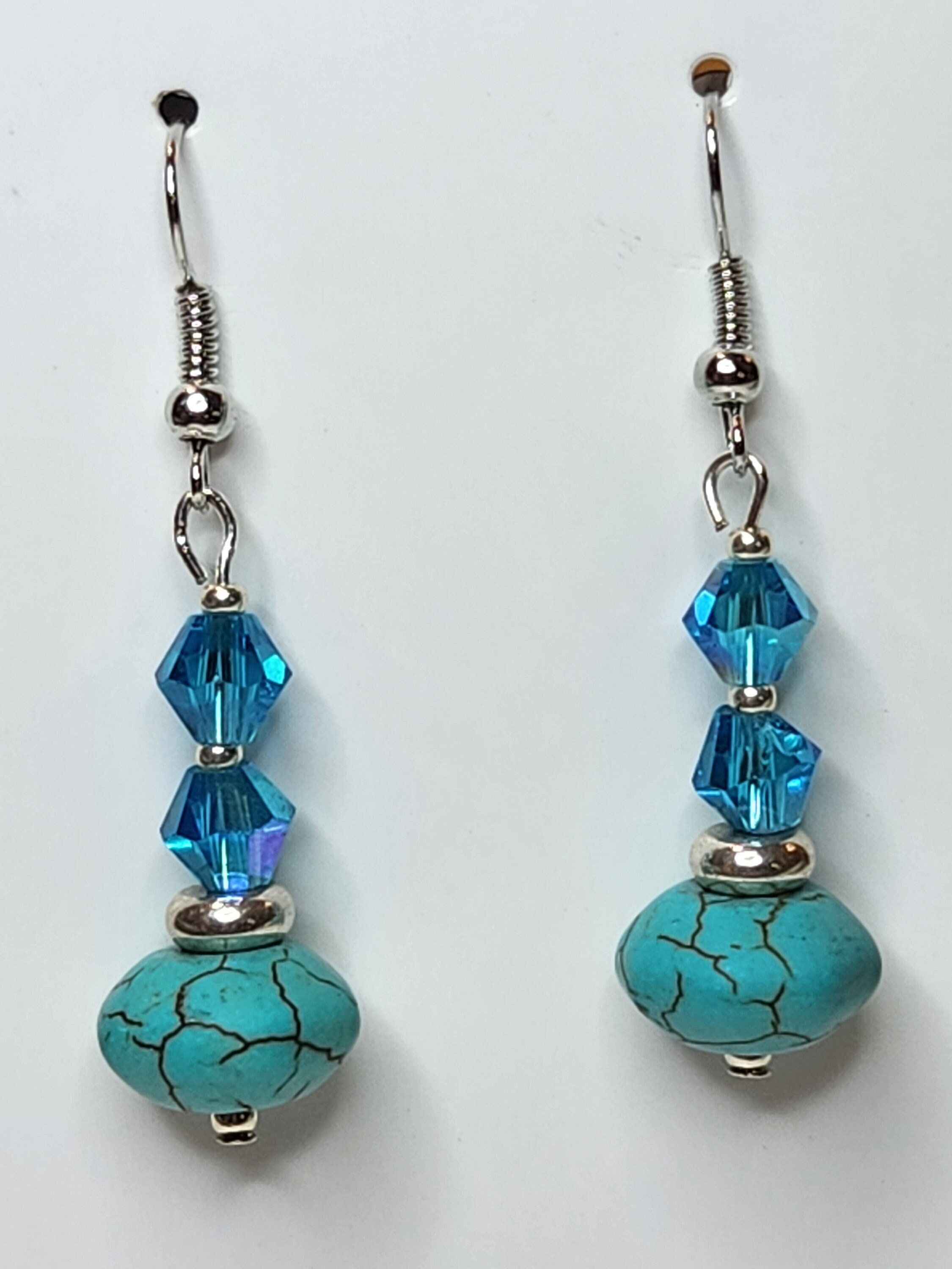 Chinese Turquoise Dangle Earrings W/ Blue Crystal Bicone (E34) - Etsy