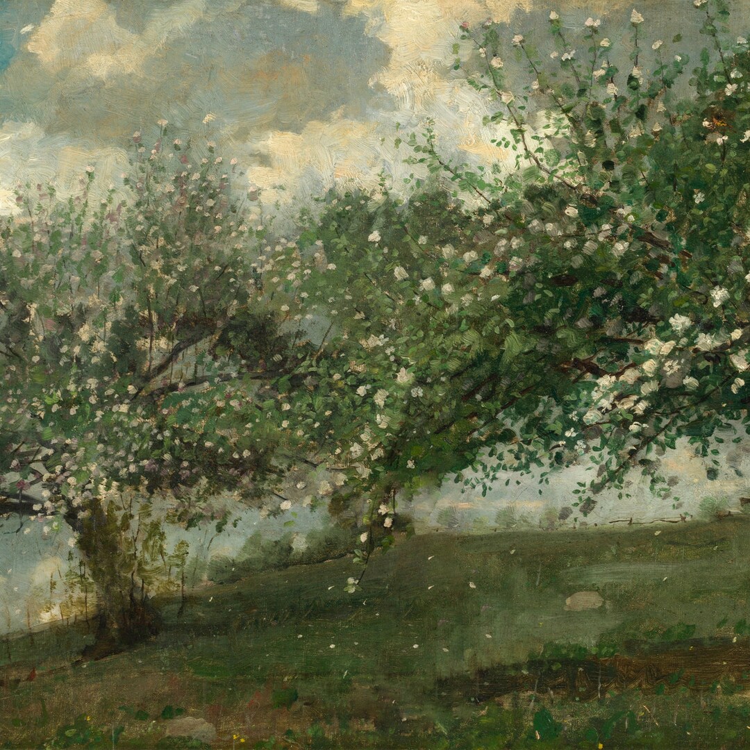 SPRING BLOSSOMS | Vintage Meadow Oil Painting, Spring Trees Painting ...