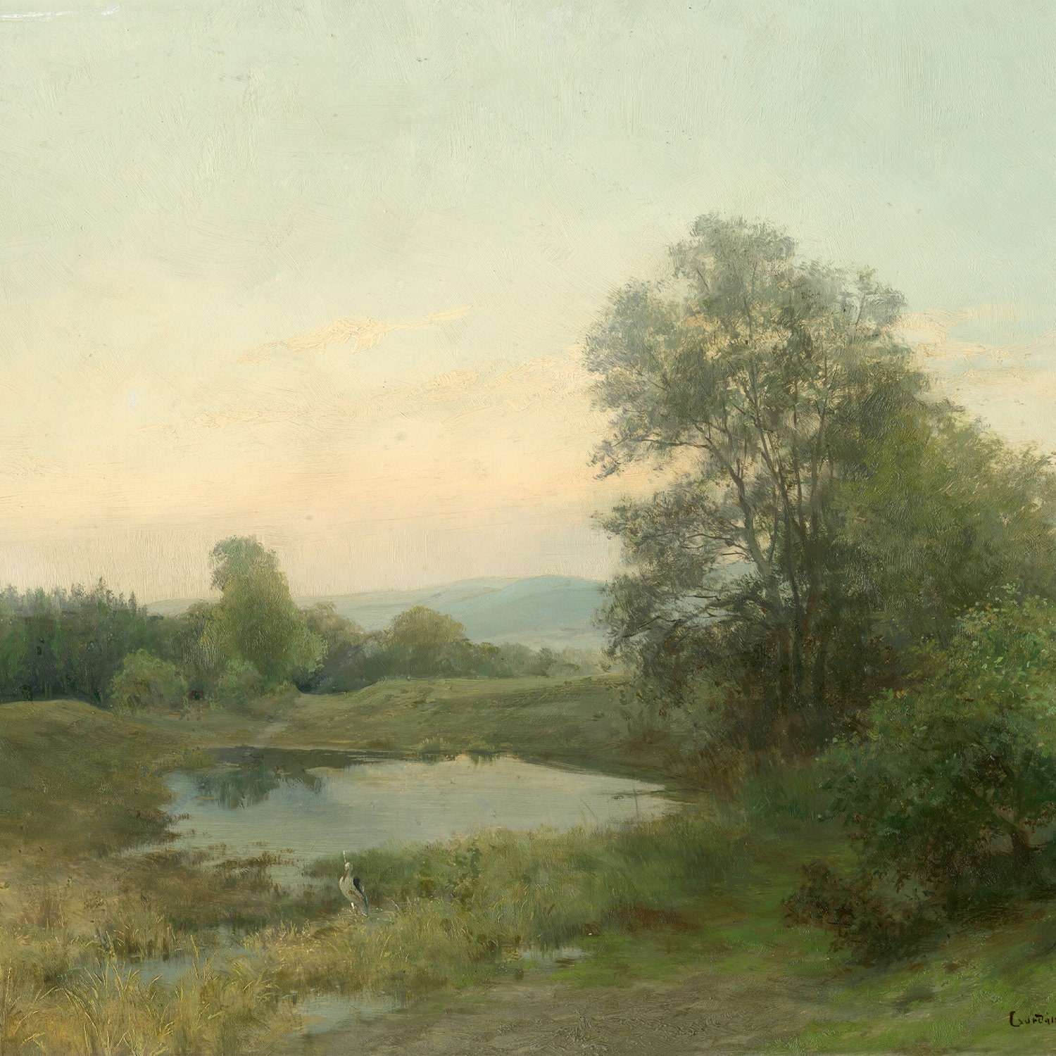 POND Vintage Pond Landscape, Green Rolling Hills, Meadow and Pond ...