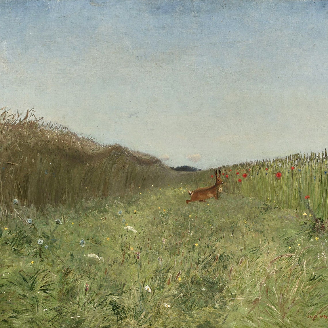 HARE Meadow Landscape, Wildflower Field Painting, Vintage Field ...