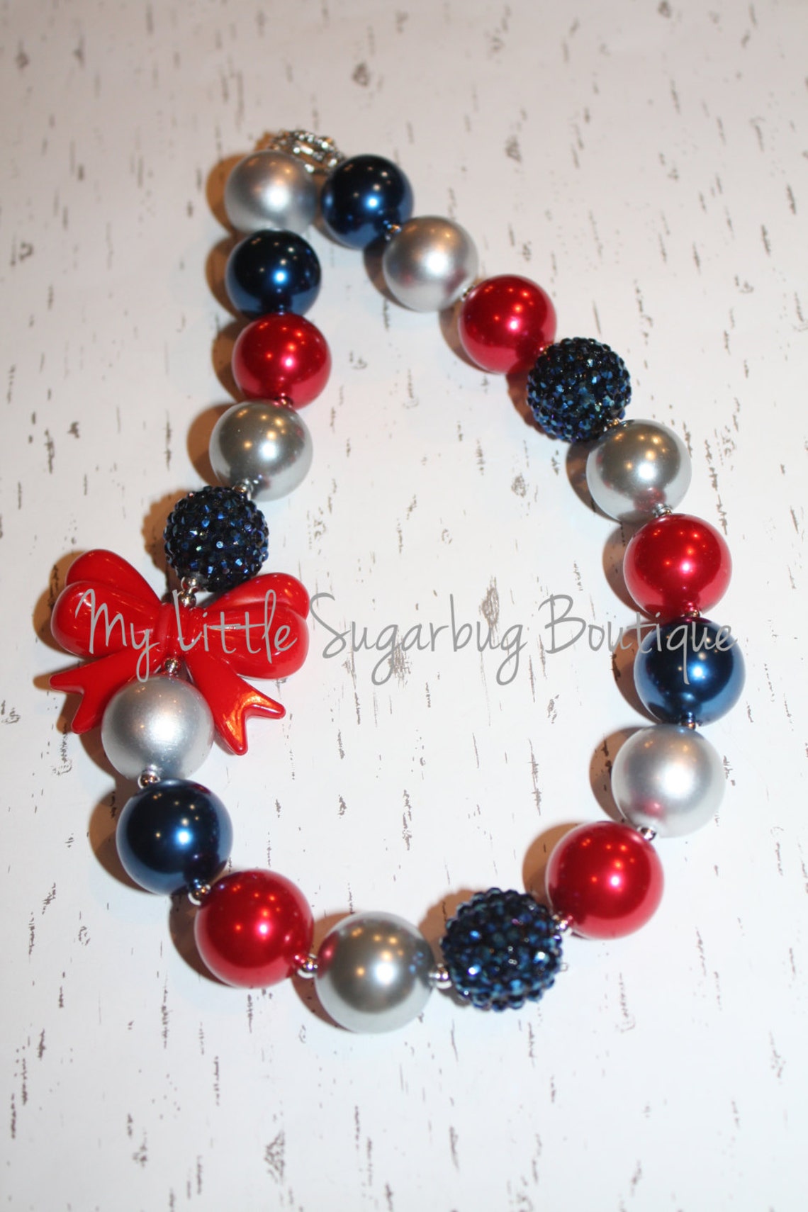 Navy Red and Silver Chunky Necklace-chunky Necklace-bubblegum Necklace ...