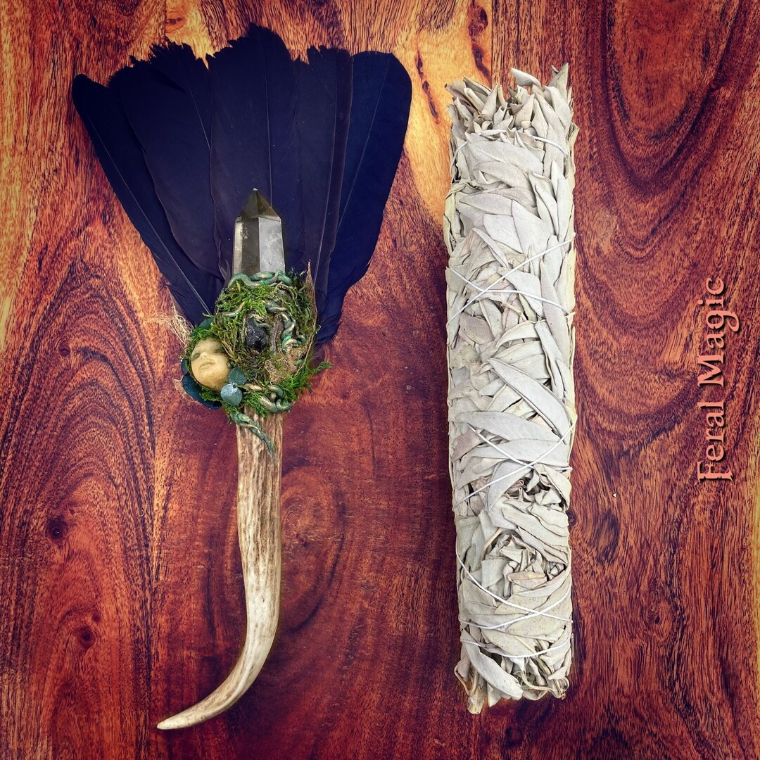 The Dryad Crow Feather and Deer Antler Celtic Shamanic Smudge/offering ...