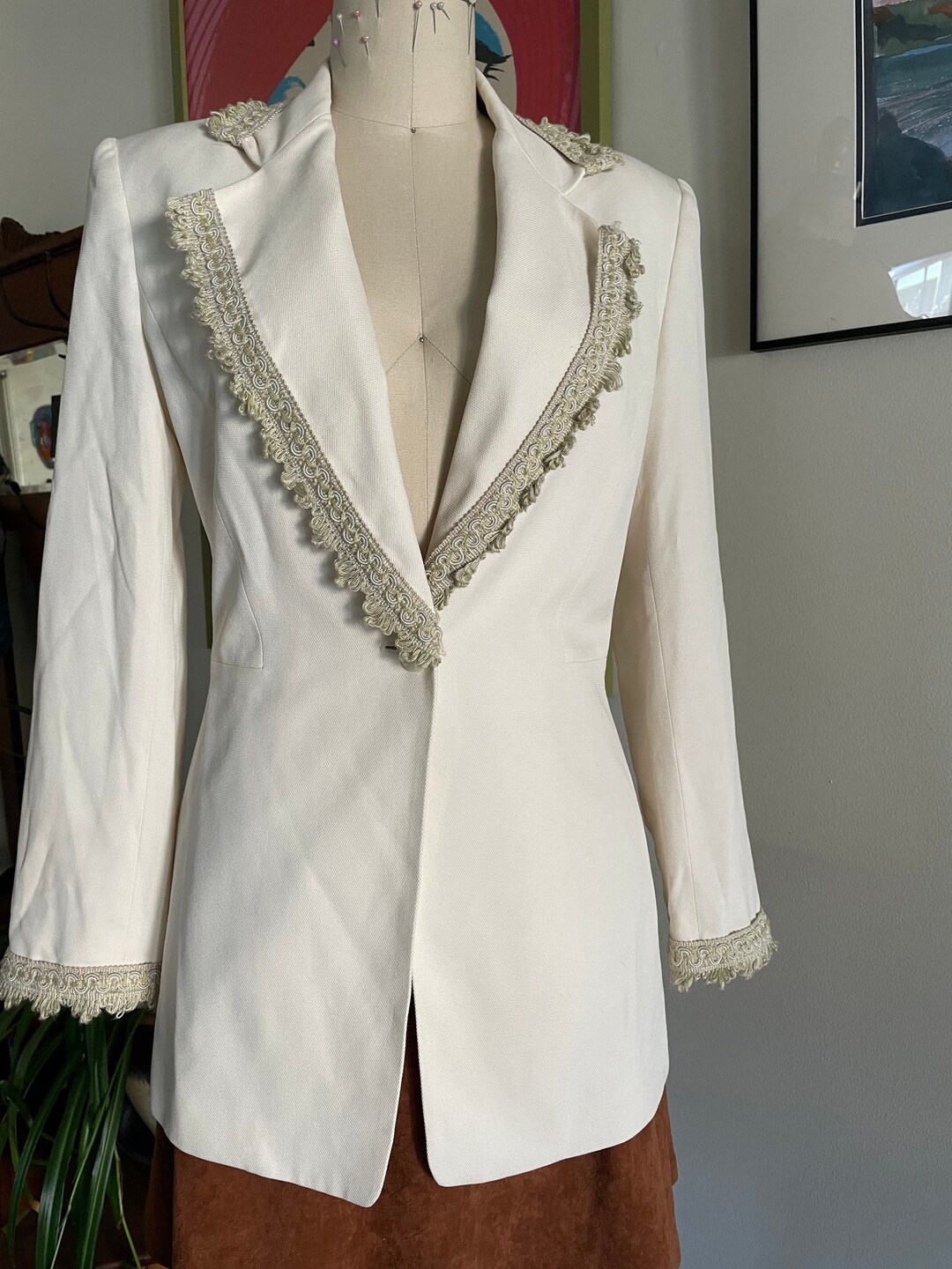 Size 2 White Structured Blazer With Fringe Edging 100% Silk - Etsy