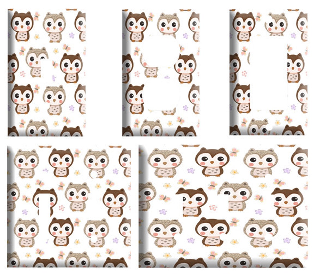 Búho y mariposas de dibujos animados marrones, placa de cubierta del ...