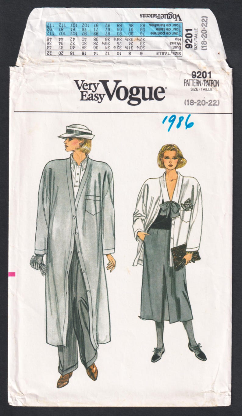 Vogue 9201 Sewing Pattern: Duster Coat, Cardigan, Cuff Pants & Skirt ...