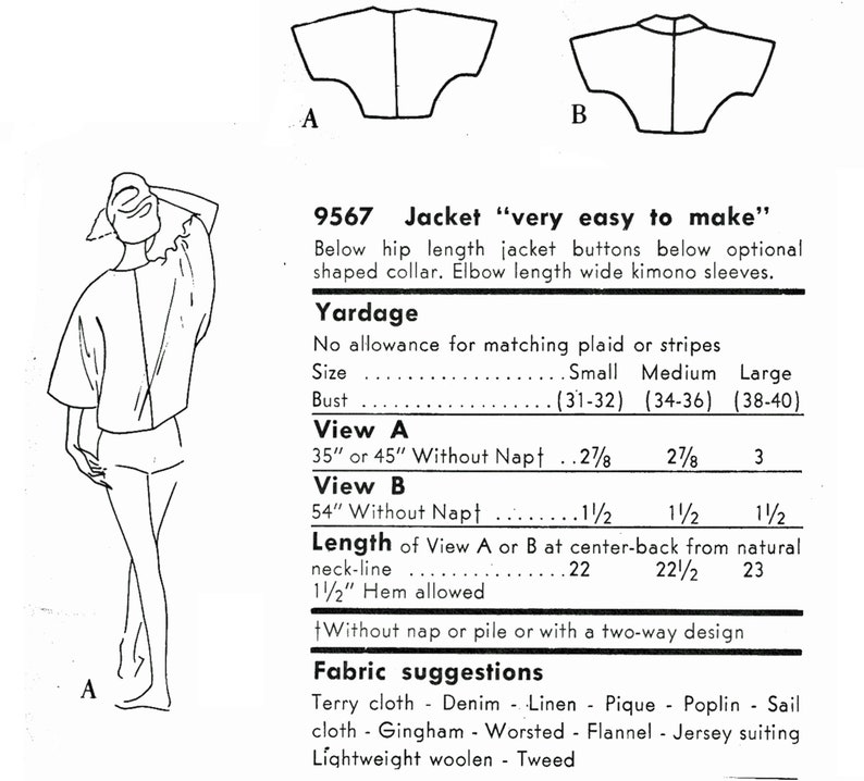 Sewing Pattern 1950s Topper Jacket With Elbow Length Sleeves, Easy ...