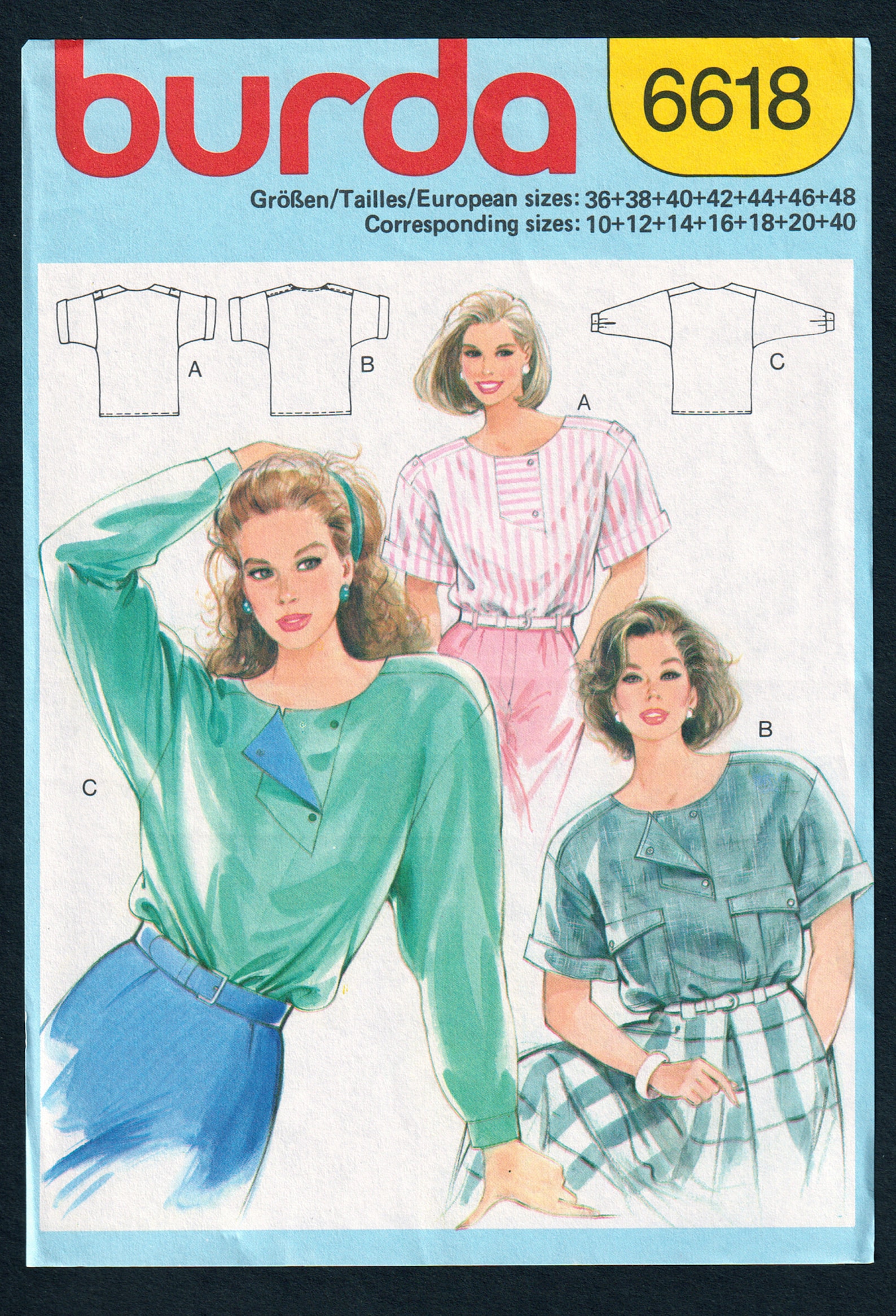 1980s Pullover Blouse Pattern With Center Inset Snap Flap, Burda 6618 ...