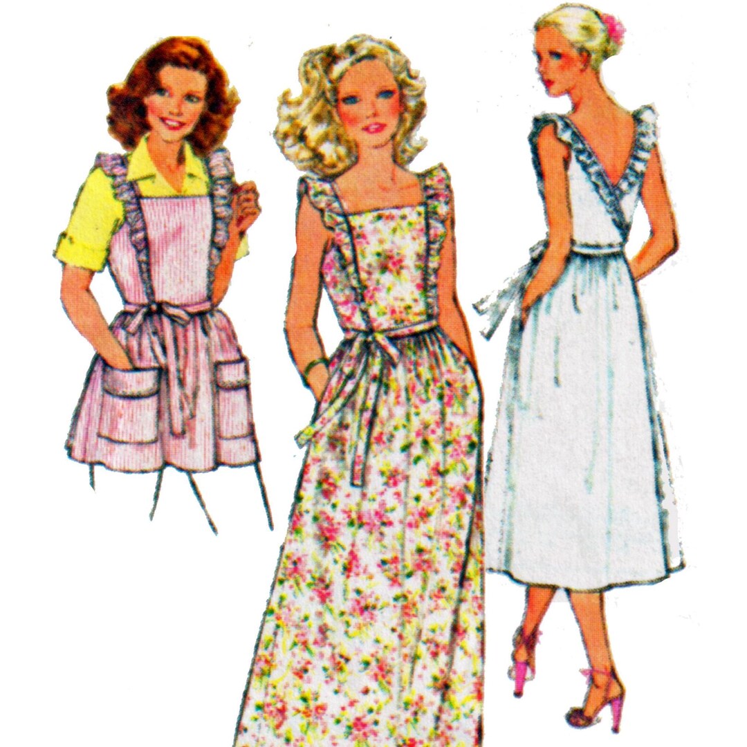 70s Maxi Apron Pattern or Back Wrap Dress With Ruffle Trim, Size 16 ...