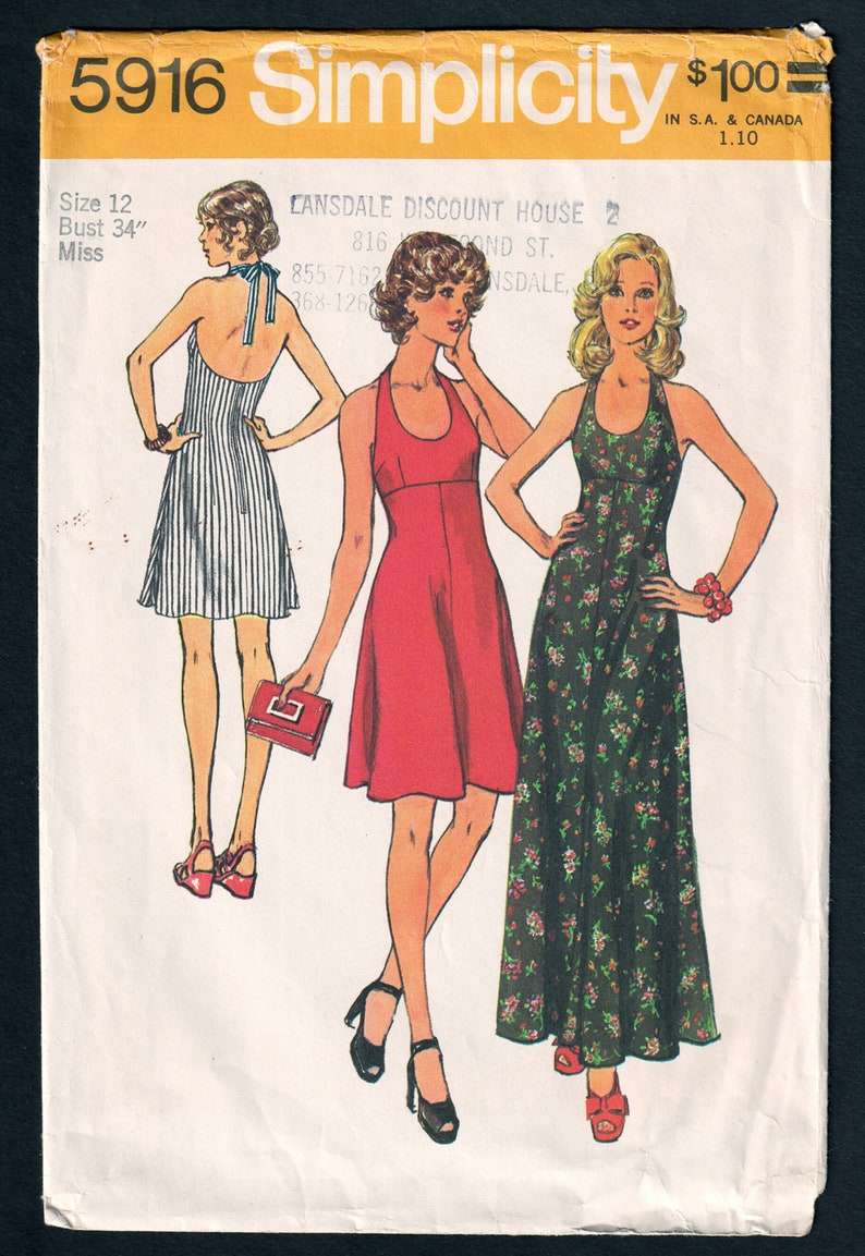 1970s Halter Dress Pattern in Two Lengths, Simplicity 5916 - Etsy