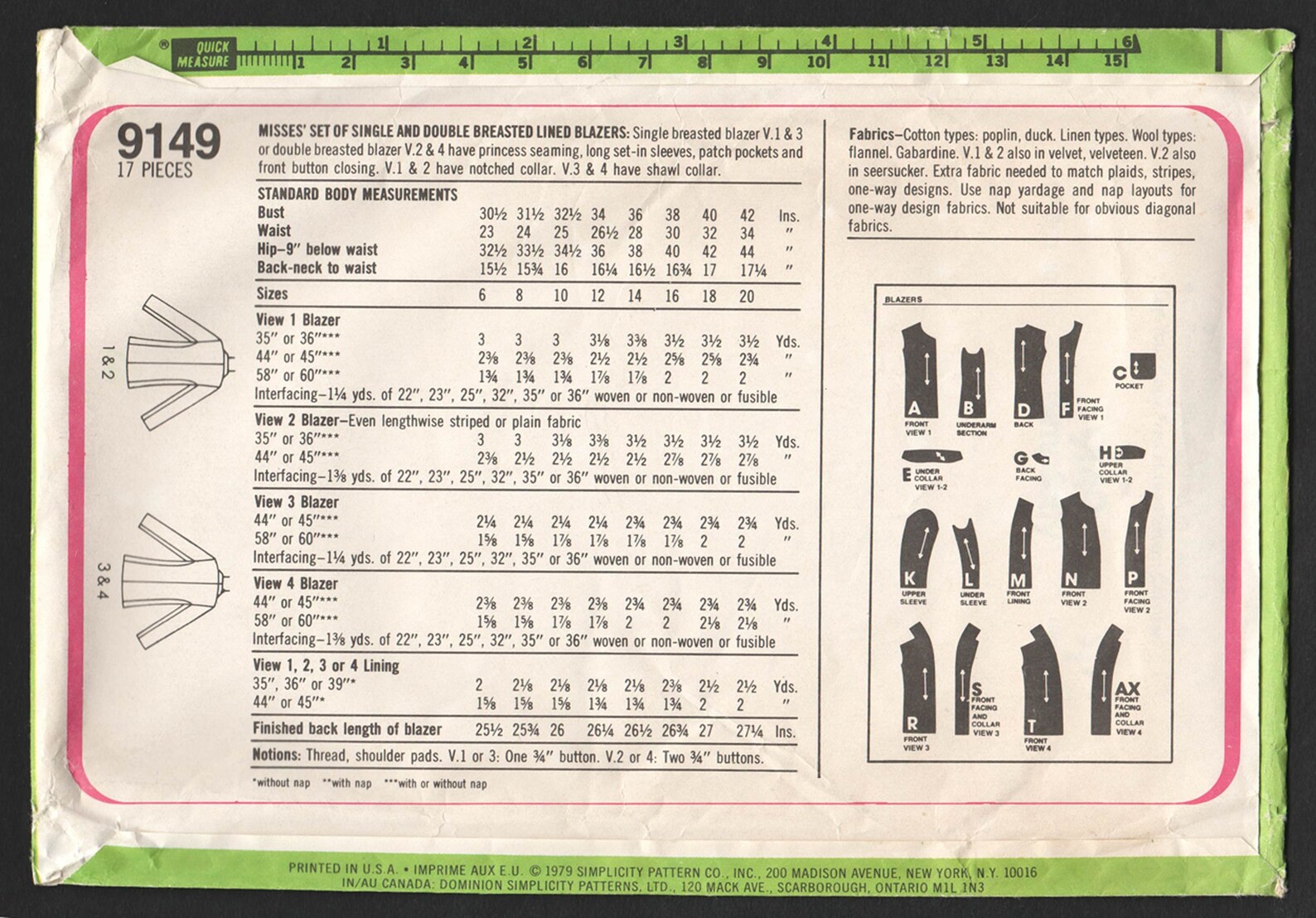 Sewing Pattern for Womens Blazer Jacket With Variations, Simplicity ...