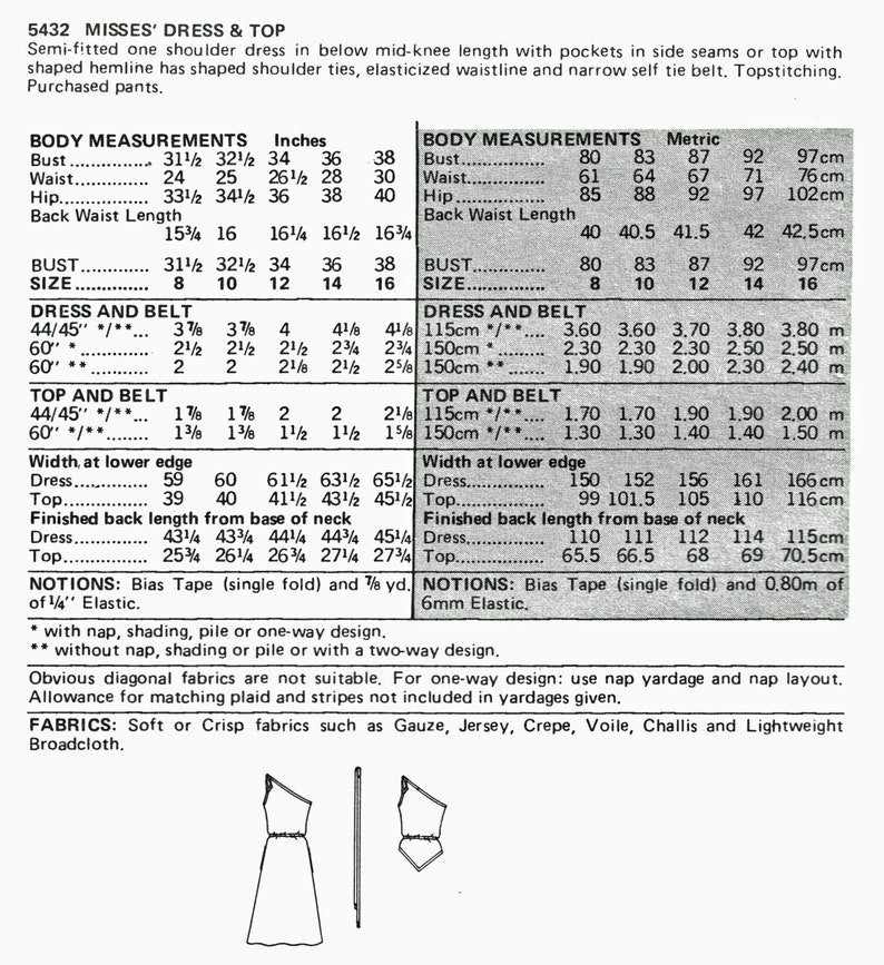 Sewing Pattern One Shoulder Dress or Top, Easy 1970s Butterick 5432 ...