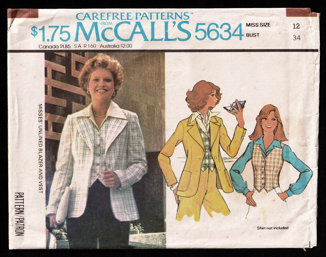 Sewing Pattern for 1970s Blazer Jacket & Vest, Carefree Mccalls 5634 ...