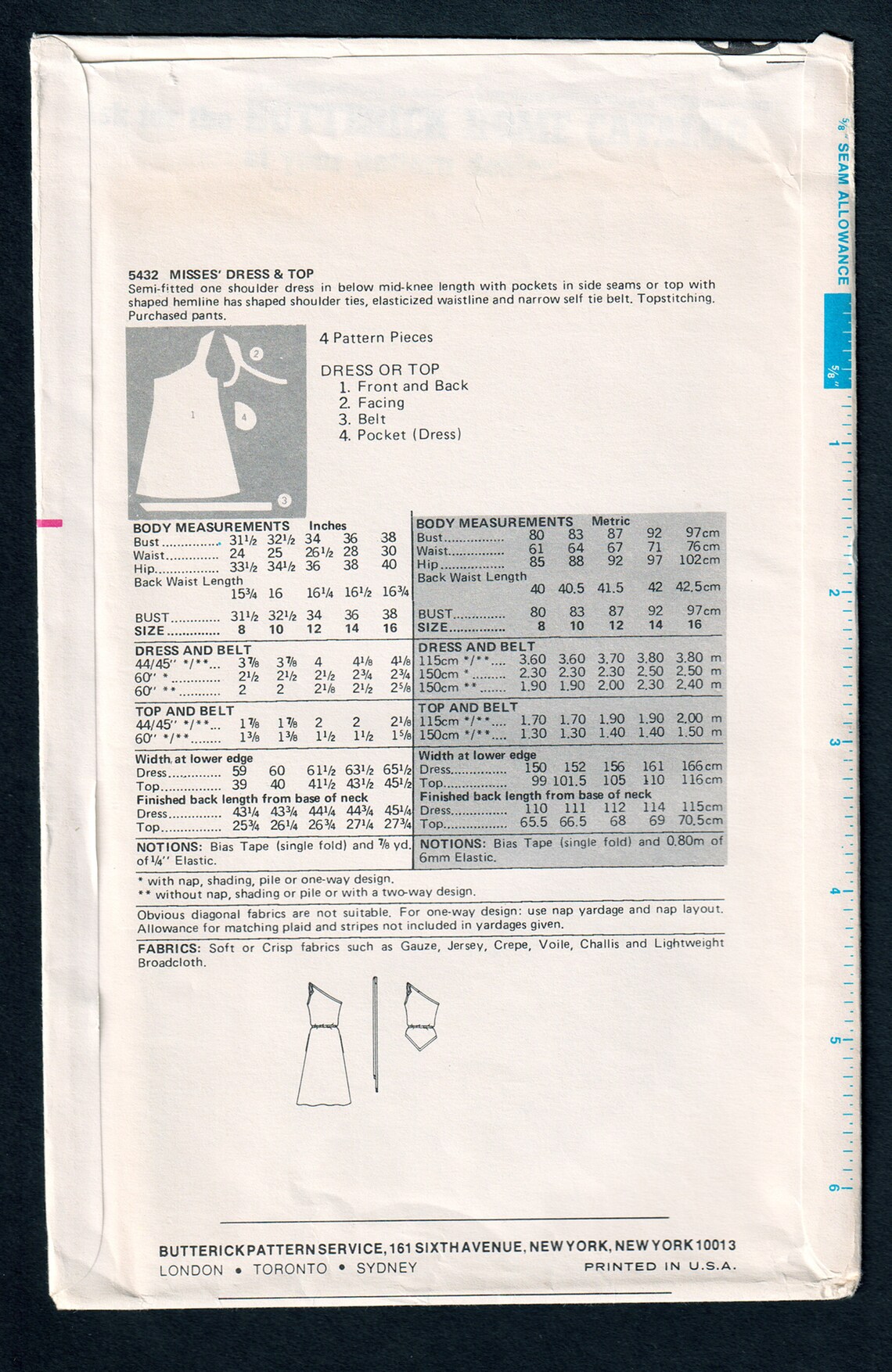 Sewing Pattern One Shoulder Dress or Top, Easy 1970s Butterick 5432 ...