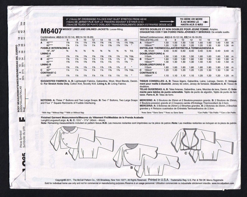 Short Jacket Pattern With Variations, Easy Mccalls M6407, Size 14 16 18 20 - UNCUT - Etsy