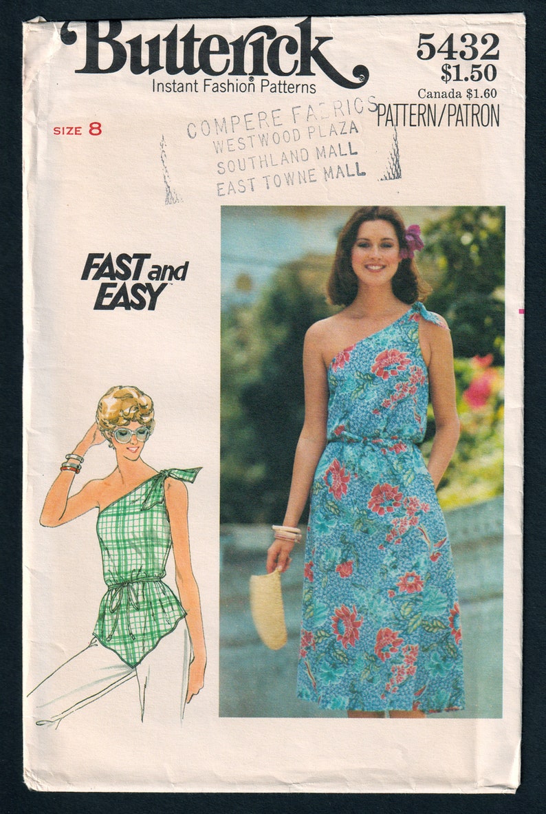 Sewing Pattern One Shoulder Dress or Top, Easy 1970s Butterick 5432 ...