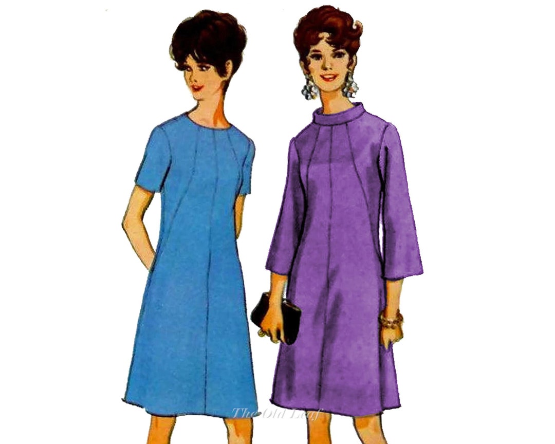 1960s Mod Dress Pattern With Seam Interest, Band Collar & Bell Sleeve Options, Half Size 16.5 ...