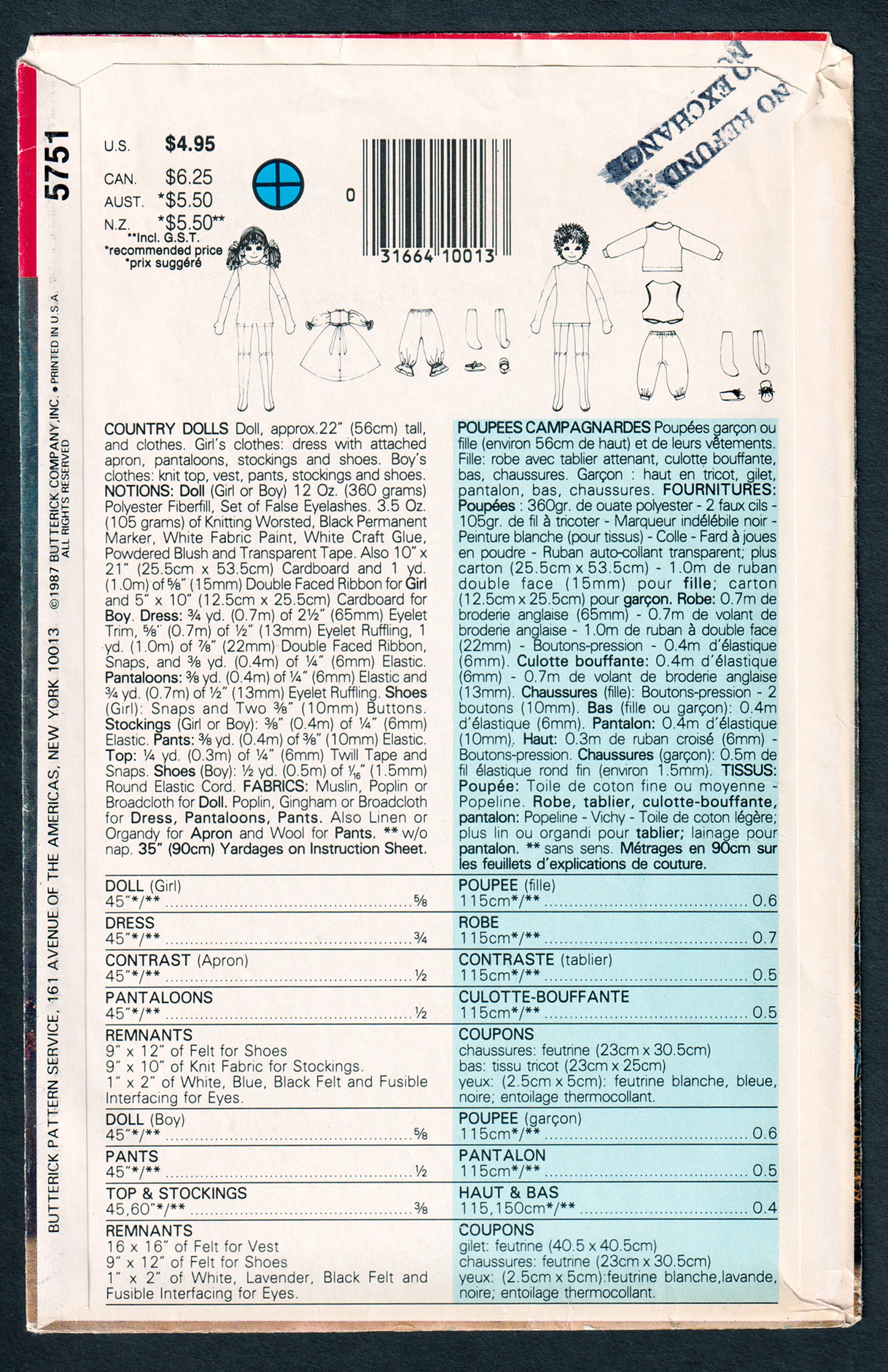 Sewing Pattern - 22 Inch Rag Doll & Doll Clothes, Butterick 5751, UNCUT ...