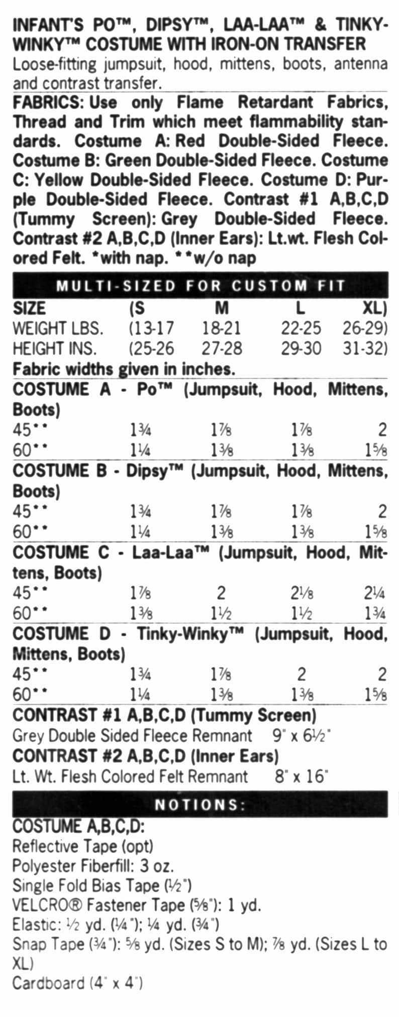 Teletubbies Costume Sewing Pattern for Infants & Toddlers 13 to 29 Lbs ...