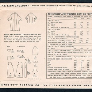 1950s Winter Coat Pattern - Swing Coat or Topper, Simplicity 3342 ...