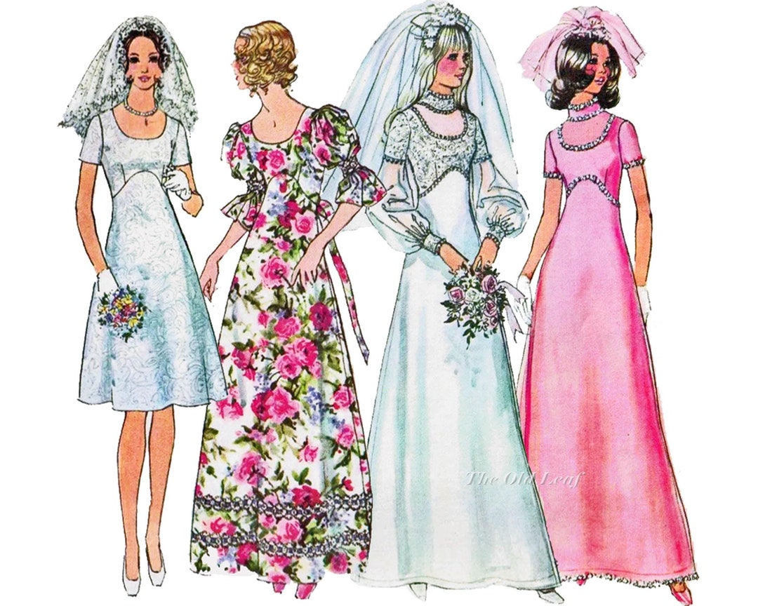 70s Wedding Dress Pattern With Curved Empire Waist & Puff Sleeve ...