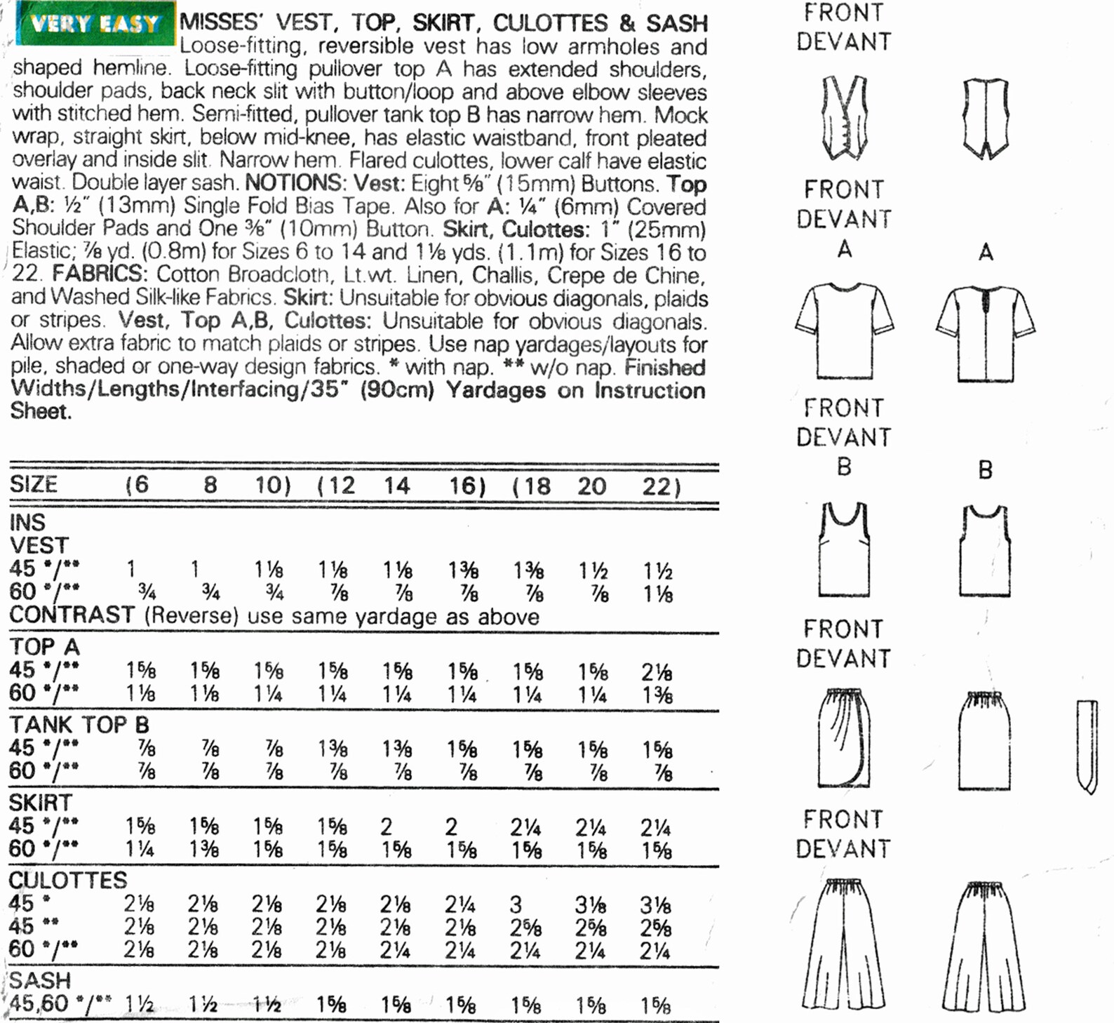 Easy Pattern for Culottes Mock Wrap Skirt Reversible Vest & - Etsy