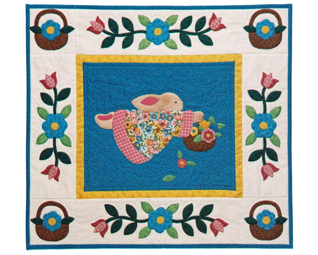 Easter Quilt Pattern - Flying Bunny With Flower Basket Easy Applique ...