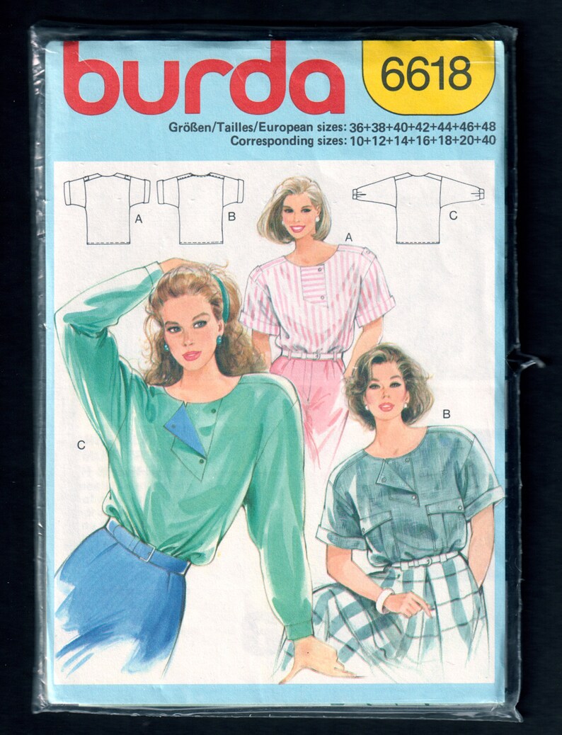 1980s Pullover Blouse Pattern With Center Inset Snap Flap, Burda 6618 ...