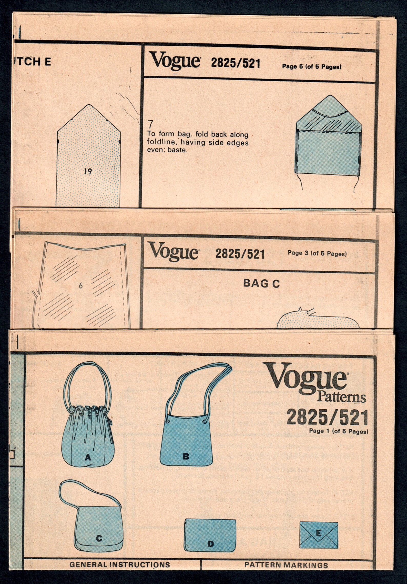 Vogue Purse Pattern Envelope Clutch, Saddle & Hobo Bag, Vogue 2825 ...