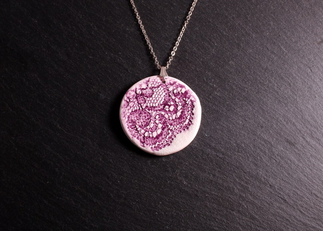 Large Lace Pendant - Violet/purple, Lace Necklace, Ceramic Jewellery ...