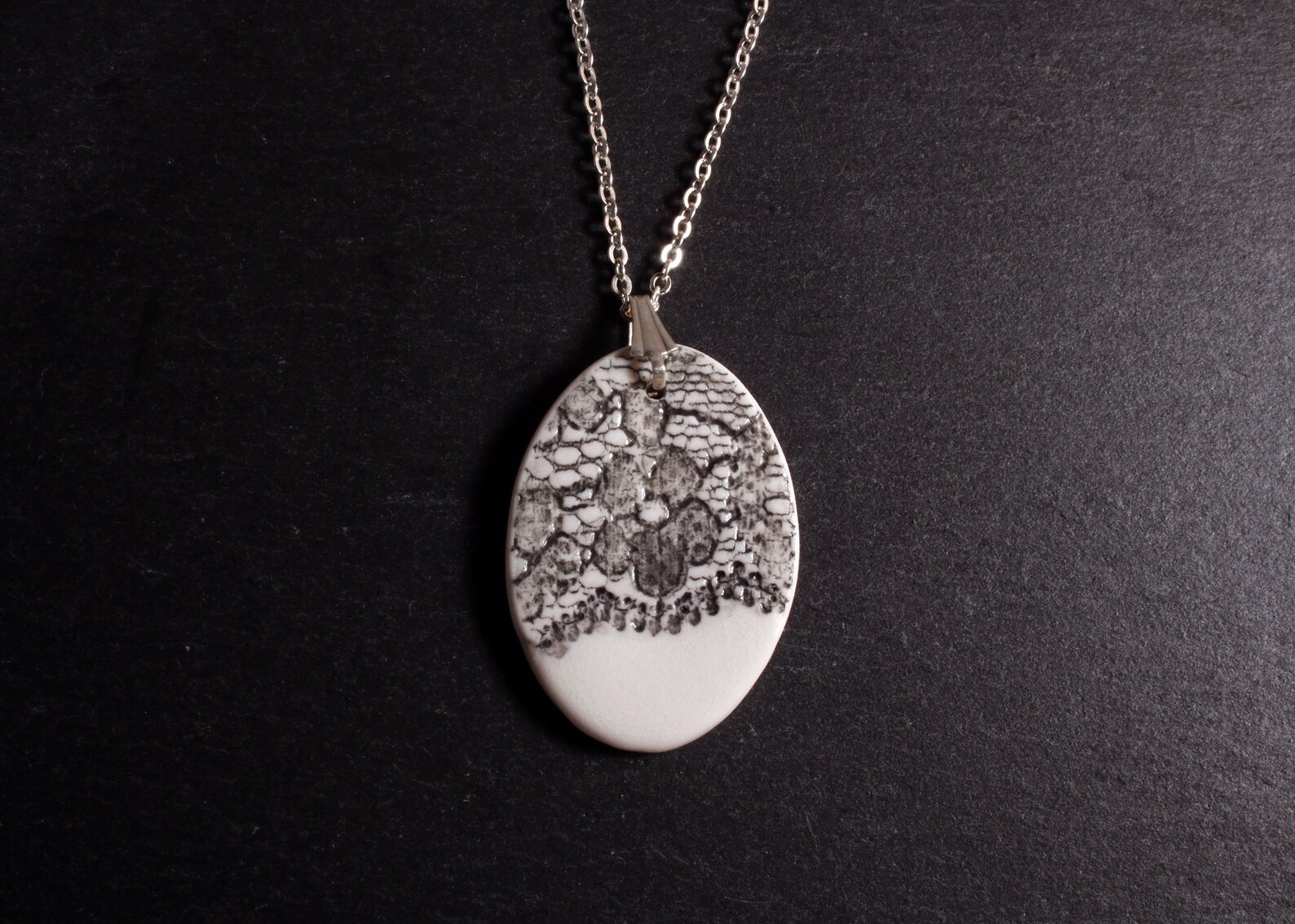 Lace Pendant Black, Oval, Lace Necklace, Ceramic Jewellery, Lace ...