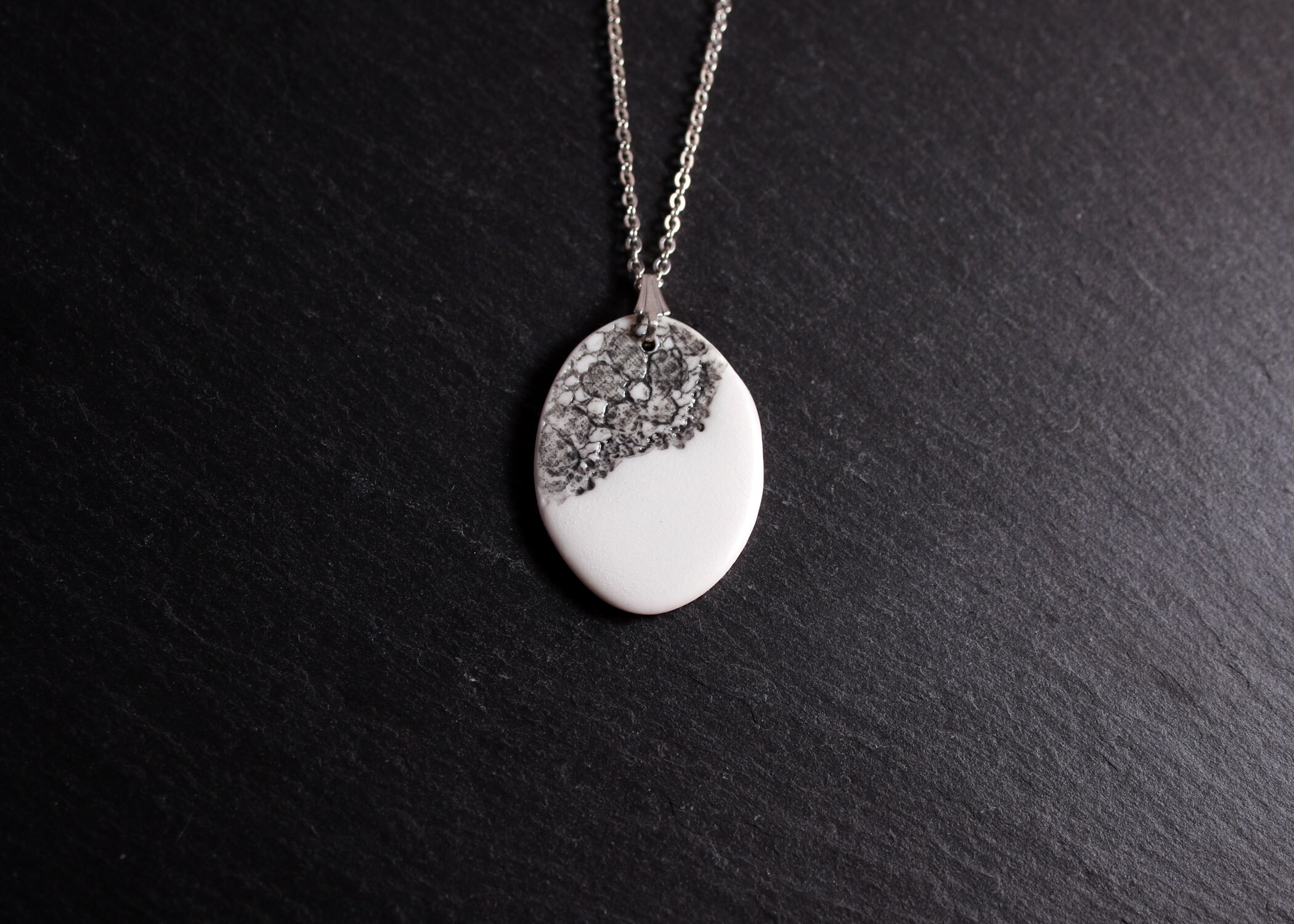 Lace Pendant Black, Oval, Lace Necklace, Ceramic Jewellery, Lace ...