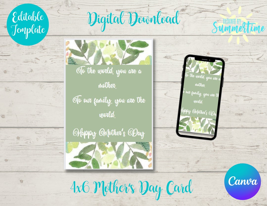 Editable Motherʻs Day Card , Motherʻs Card , Motherʻs Day , Motherʻs ...